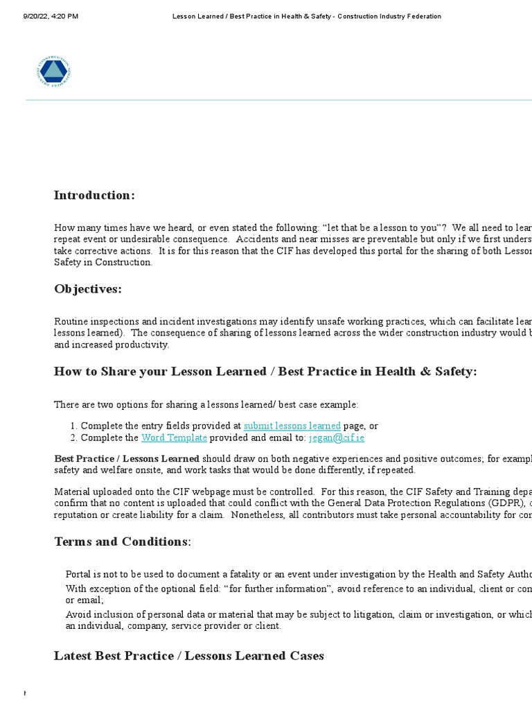 Lesson Learned - Best Practice in Health & Safety - Construction Industry Federation | PDF ...