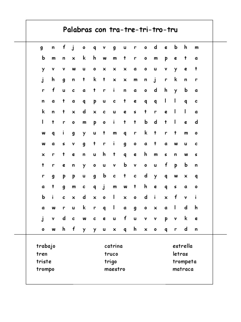 Sopa de letras: tra, tre, tri, tro, tru | PDF
