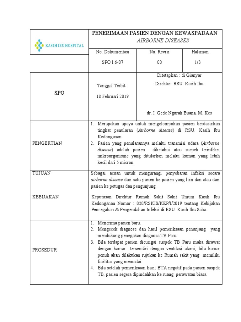 Spo Penerimaan Pasien Dengan Kewaspadaan Airborne Diseases | PDF