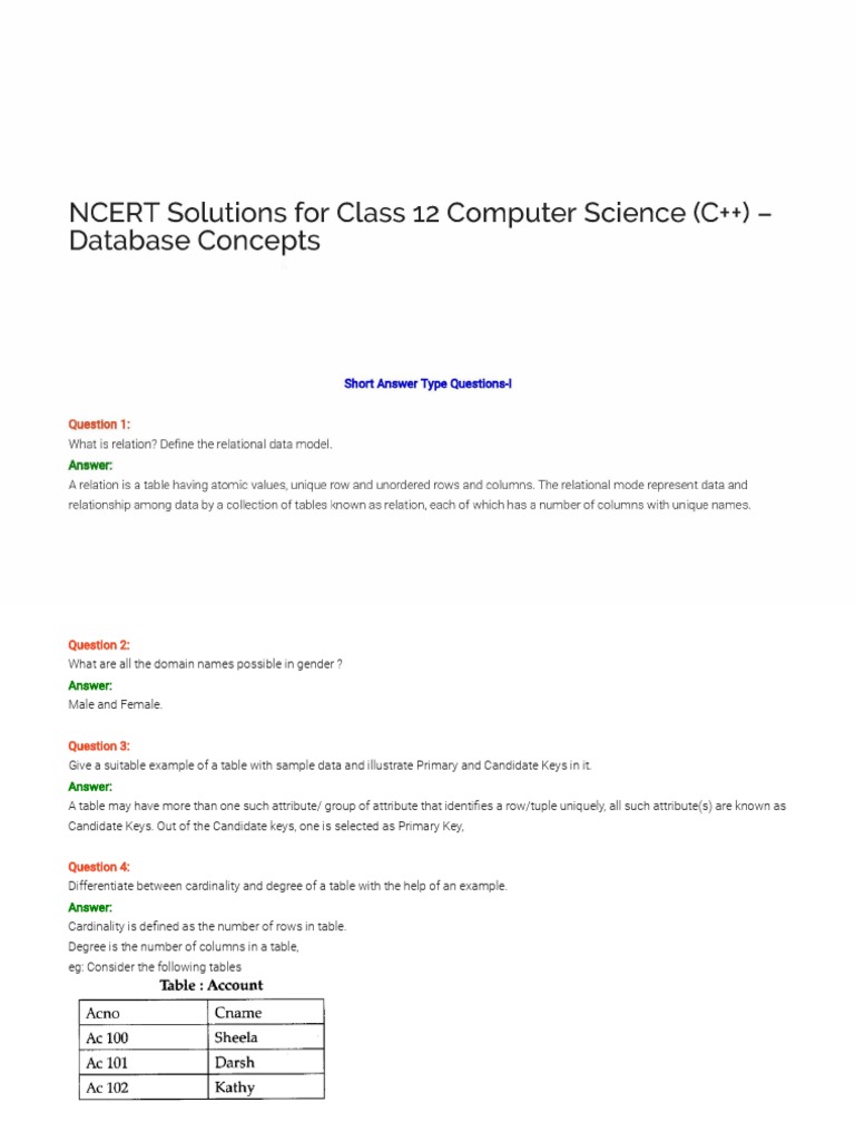 NCERT Solutions For Class 12 Computer Science Chapter 11 Database Concepts | PDF | Table ...