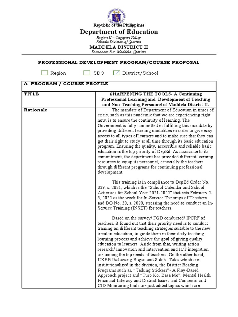 Maddela District II District L D Proposal 2022 | PDF | Teachers | Learning Maddela District II District L D Proposal 2022 | PDF | Teachers | Learning