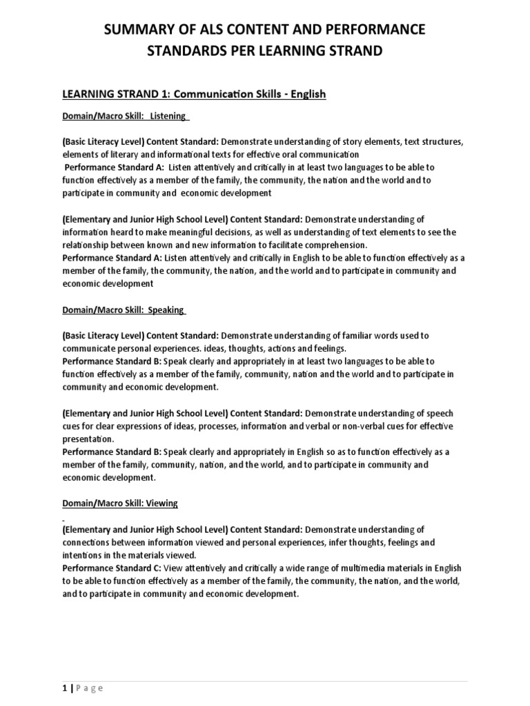 Summary of Als Content and Performance Standards Per Learning Strand ...
