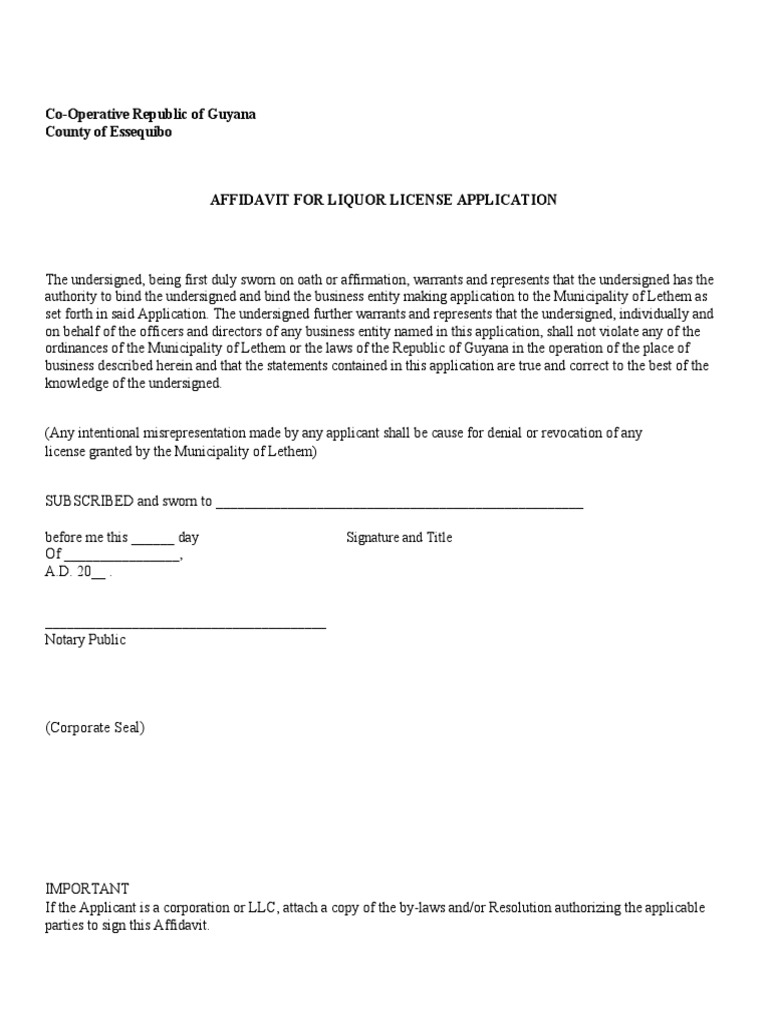 Affidavit for Liquor License Application | PDF