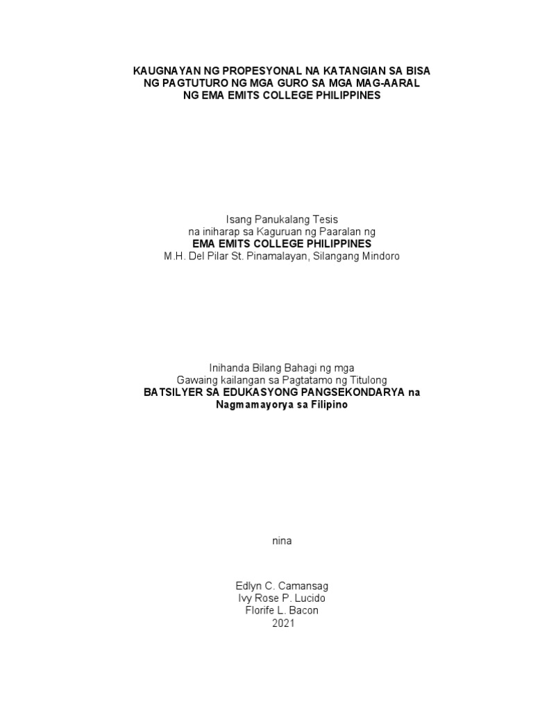 Kaugnayan NG Propesyonal Na Katangian Sa Bisa NG Pagtuturo NG Mga Guro Sa Mga Mag-Aaral NG Ema ...