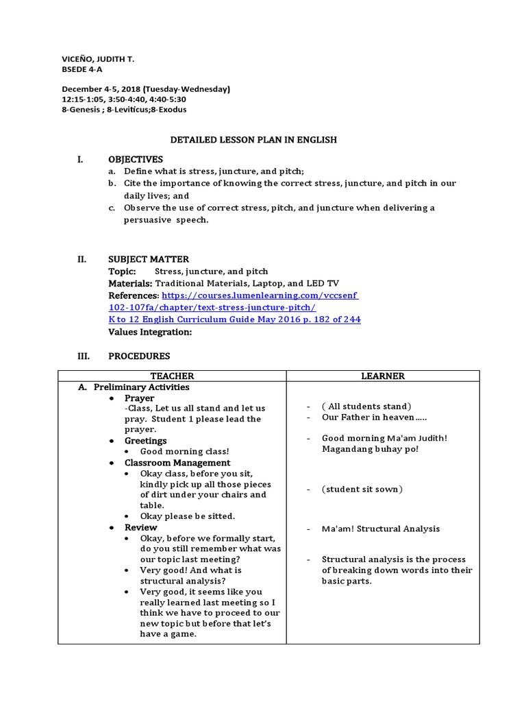 Stress and Juncture Lesson Plan | PDF | Stress (Linguistics) | English ...