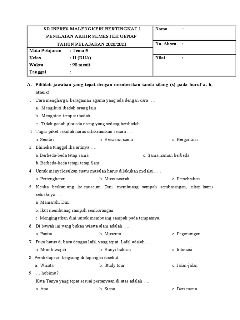Ujian Tema 5 Kelas 2 SD | PDF | Seni