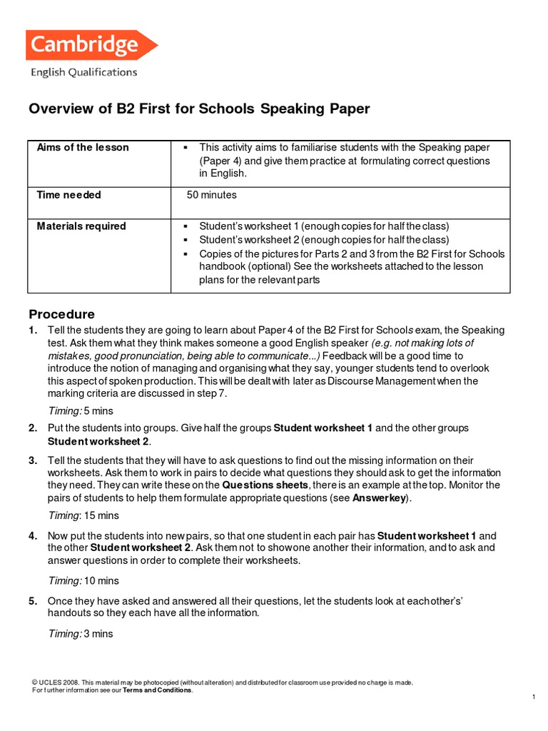 Cambridge English b2 First For Schools Overview of Speaking Paper ...