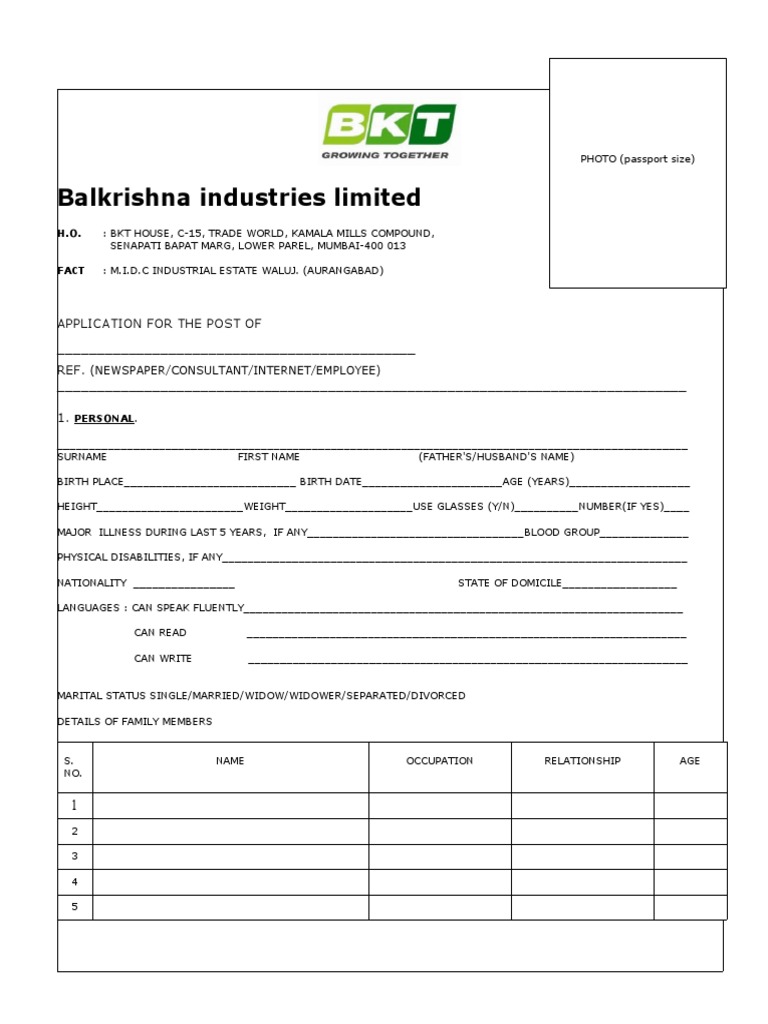 Application Form BKT Waluj | PDF | Employment
