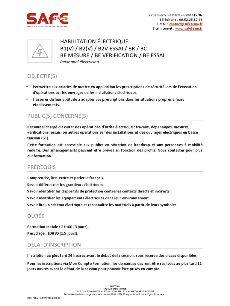 Programme - Habilitation Électrique B1 (V), B2 (V), B2V Essai, BR, BC ...