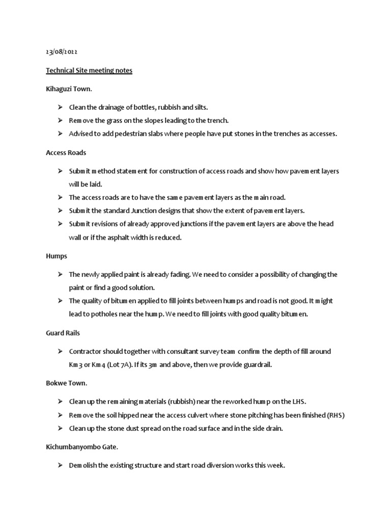 Technical Site Meeting Notes | PDF | Road | Road Surface