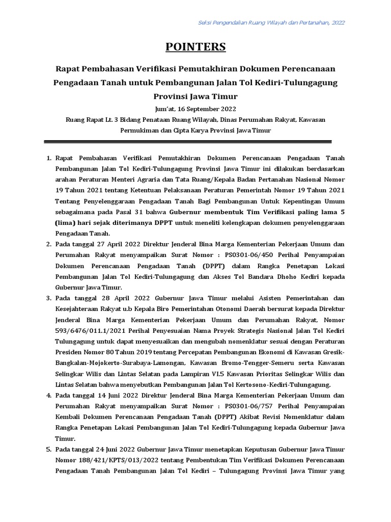Pointers Rapat Pemutakhiran DPPT Jalan Tol Kediri-Tulungagung | PDF