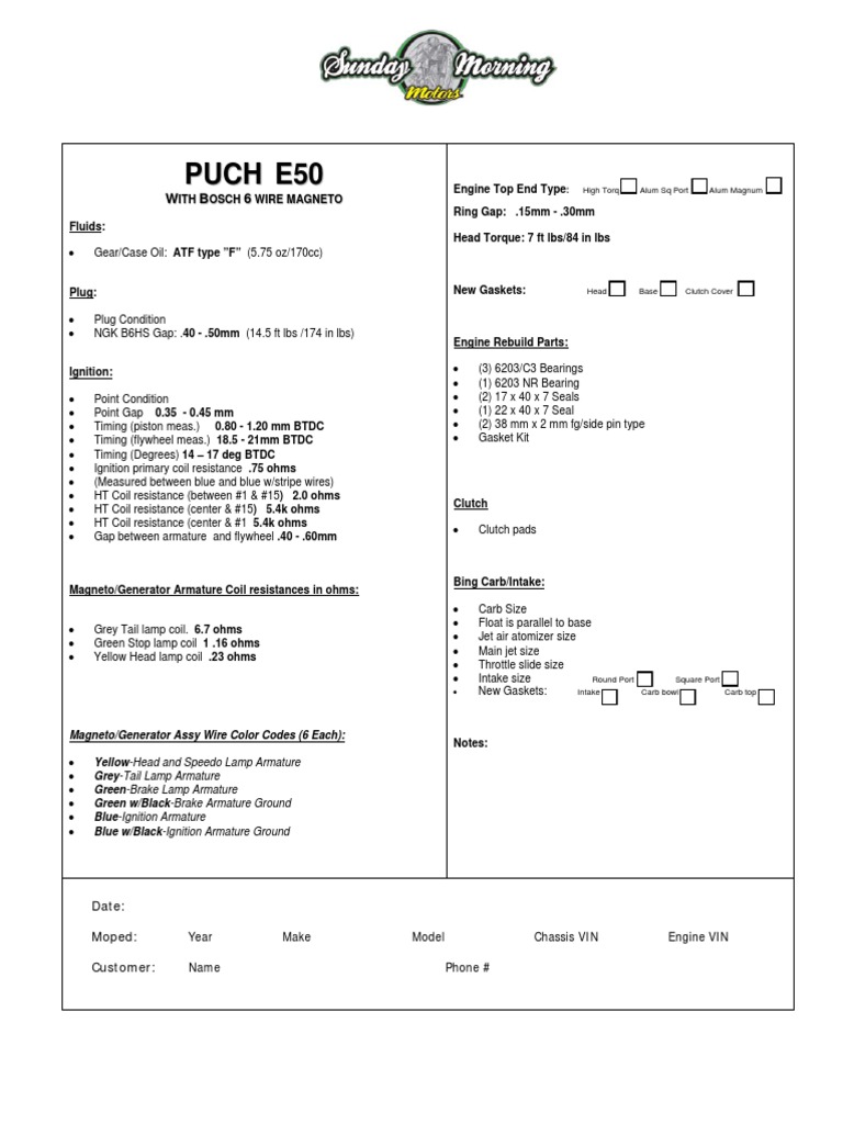 Puch E50 Engine Tune Up Sheet | PDF | Ignition System | Vehicle Technology
