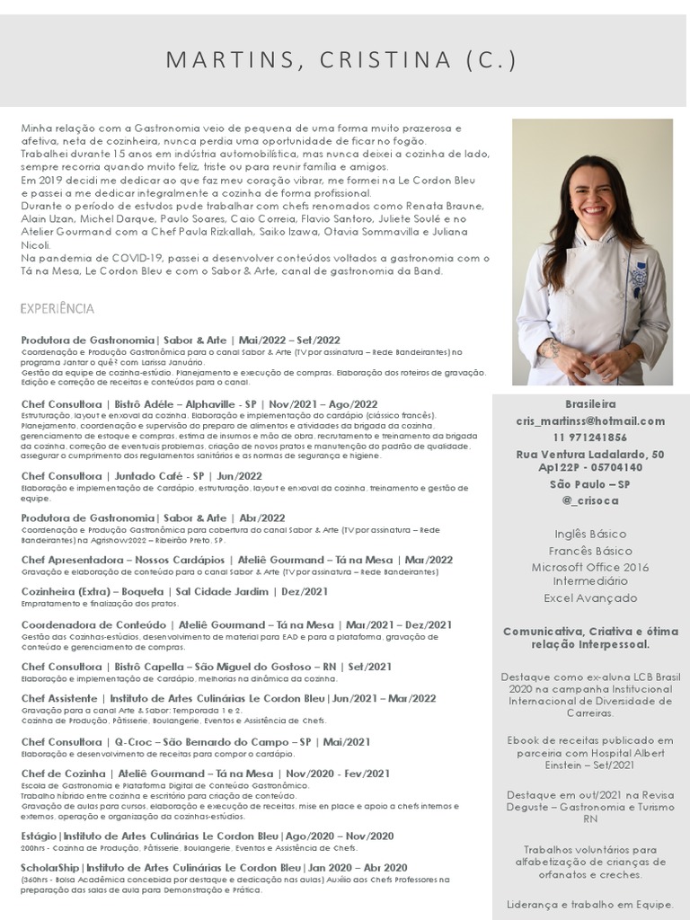 Cristina Martins - CV Atualizado | PDF | Chef (culinária)