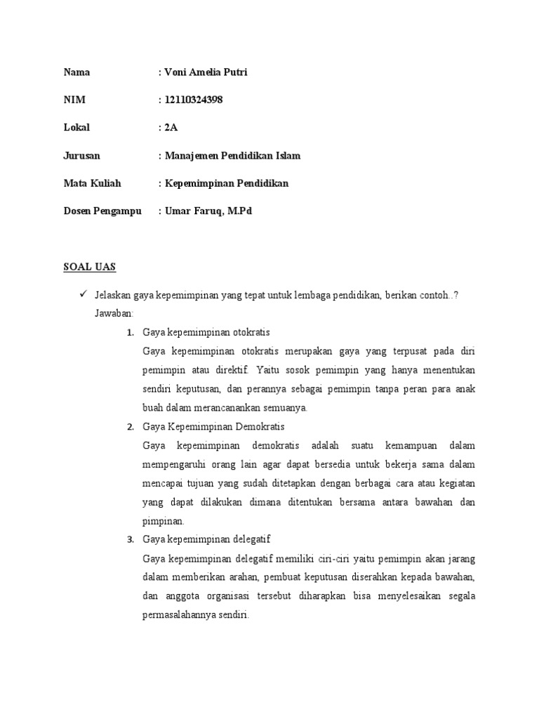 Uas Kepemimpinan Pendidikan | PDF | Karier & Perkembangan | Pengembangan Diri