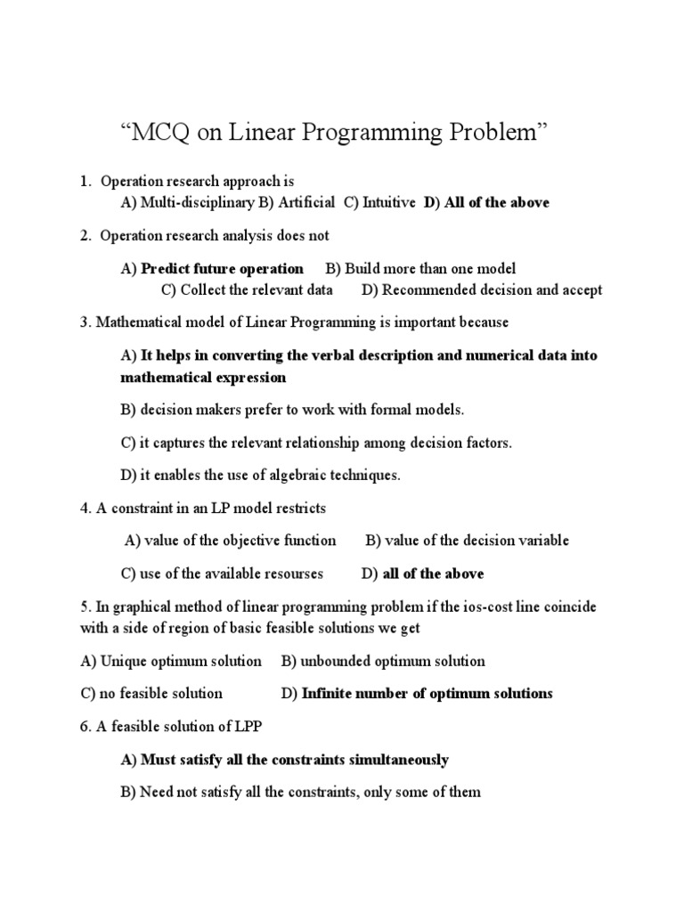 Ot All MCQ Question Bank Updated Rev02 | PDF | Mathematical Optimization | Linear Programming