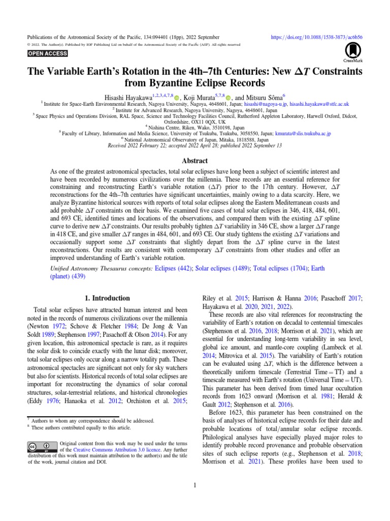 The Variable Earth's Rotation in the 4th-7th Centuries - New ΔT ...