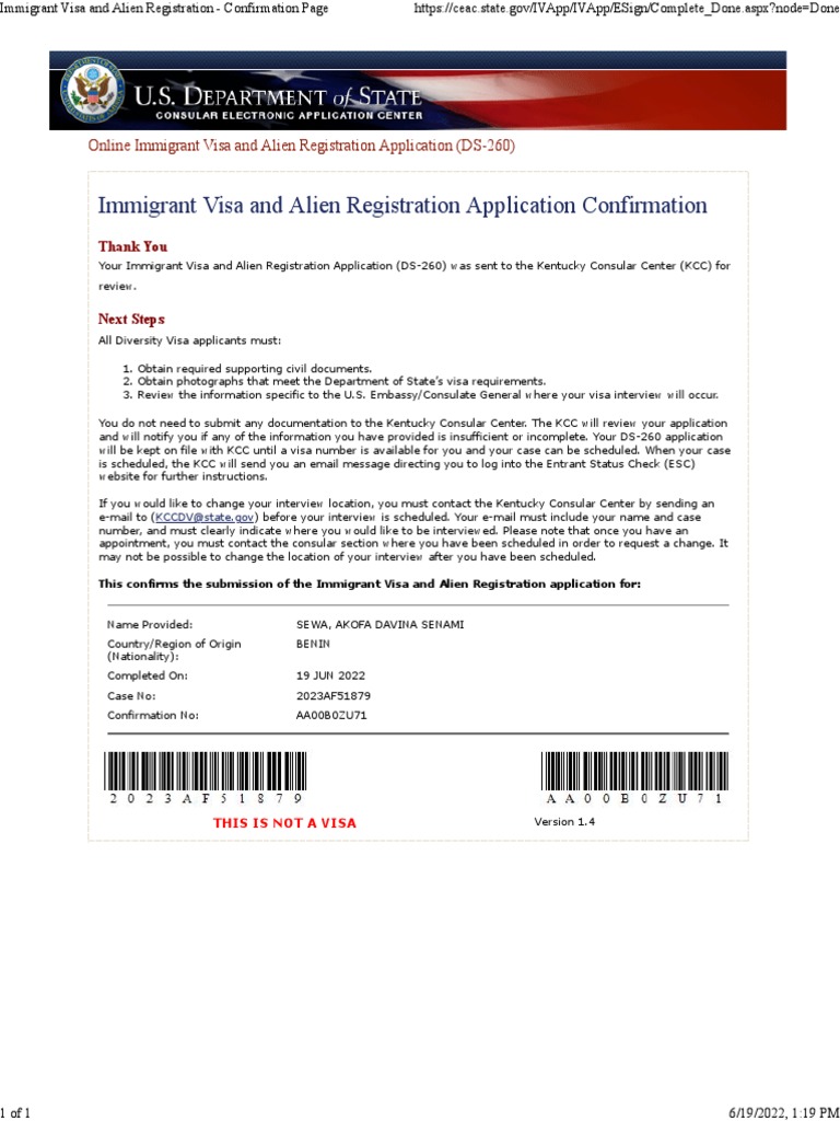 DS-260 Immigrant Visa Confirmation | PDF | Travel Visa | Consul ...