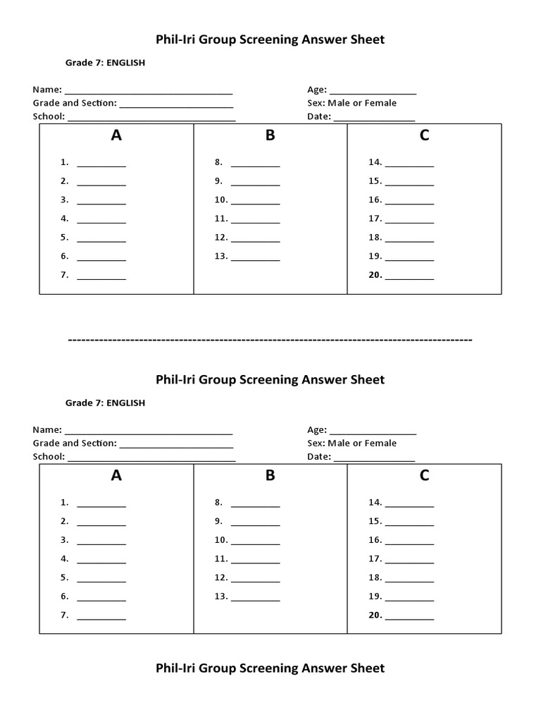 Grade 7 Phil-Iri Screening Sheet | PDF | Sex