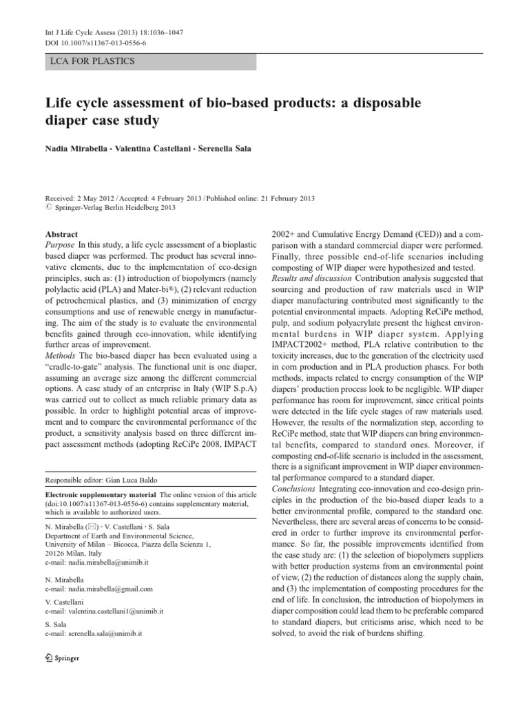 Life Cycle Assesment of Bio Based Products - Diaper Study | PDF | Life ...