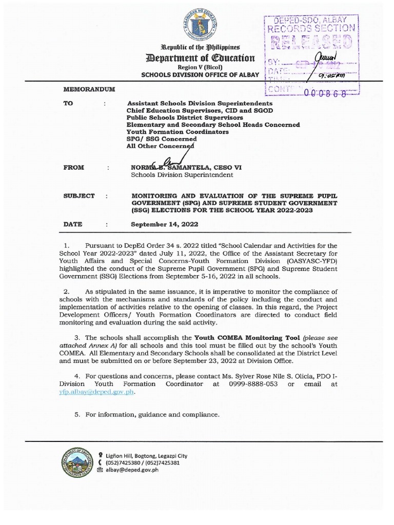 Monitoring and Evaluation of The Supreme Pupil Government SPG and Supreme Student Government SSG ...