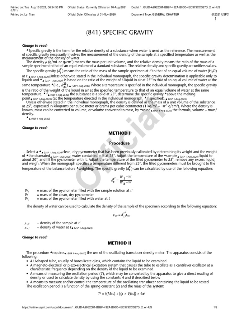 〈841〉 SPECIFIC GRAVITY | PDF | Density | Viscosity