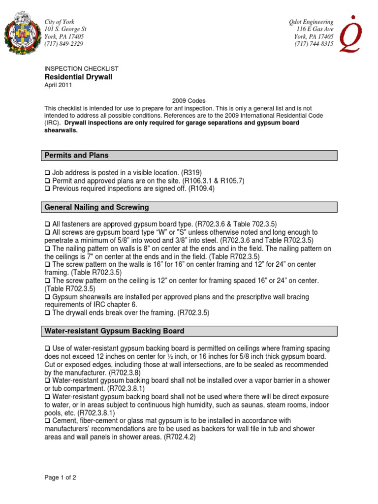 IRC Drywall Checklist 1 | PDF | Drywall | Wall