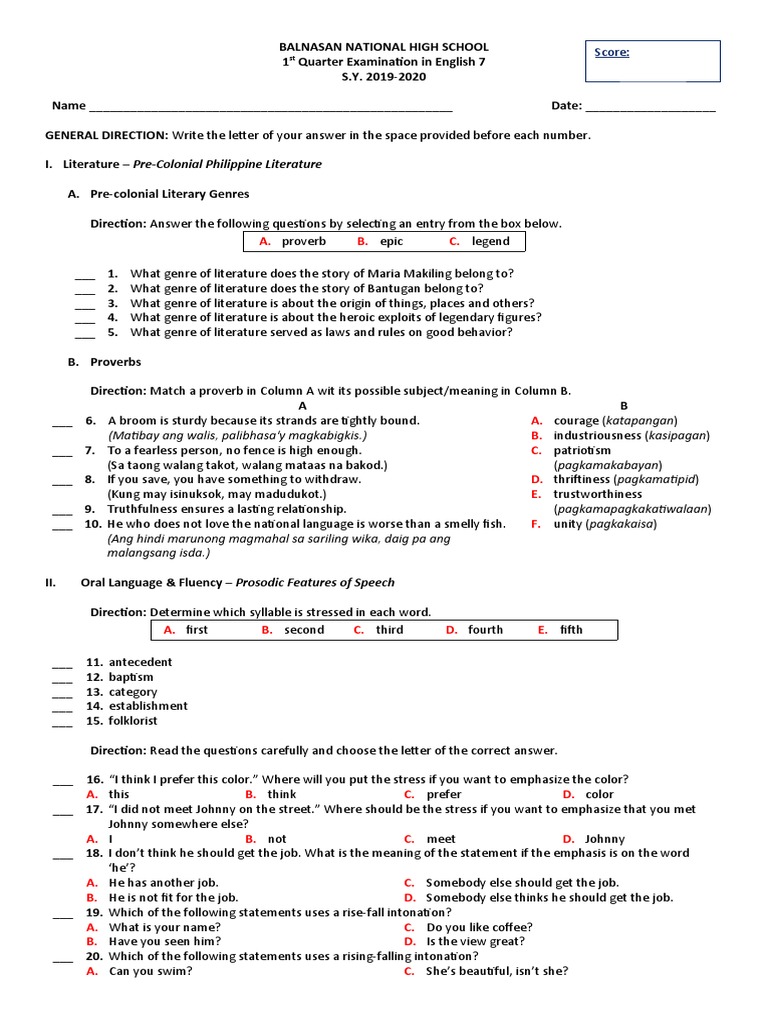 1st Quarter Exam in English 7 SY 2019-2020 | PDF | Stress (Linguistics ...