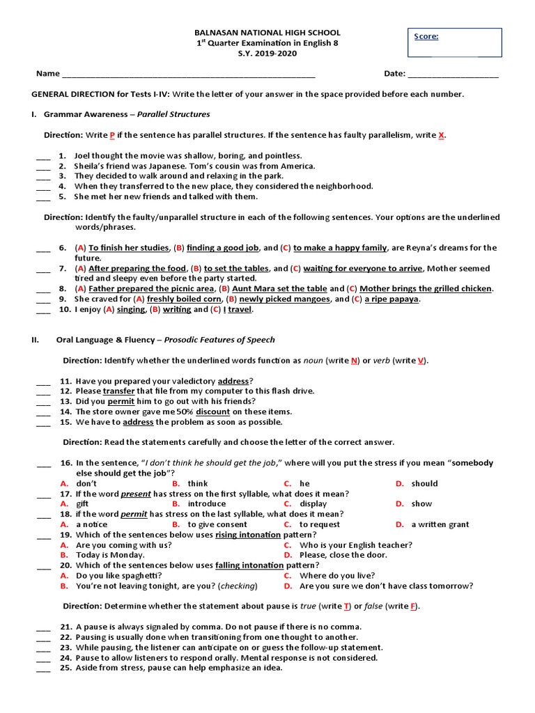 1st Quarter Exam in English 8 SY 2019-2020 | PDF | Stress (Linguistics ...