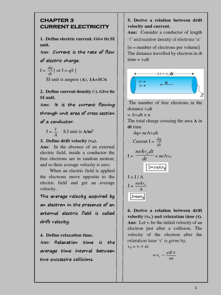 Current Electricity Concepts and Derivations | PDF | Electrical Resistivity And Conductivity ...