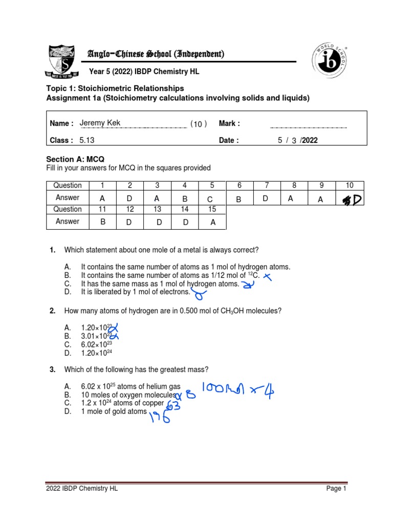 Assignment 1a Chemistry | PDF | Mole (Unit) | Stoichiometry