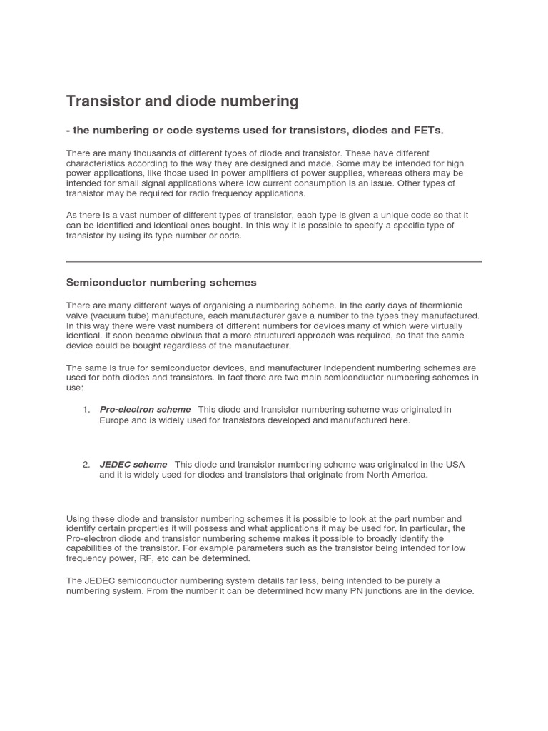 Transistor and Diode Numbering Systems | PDF | Transistor | Diode