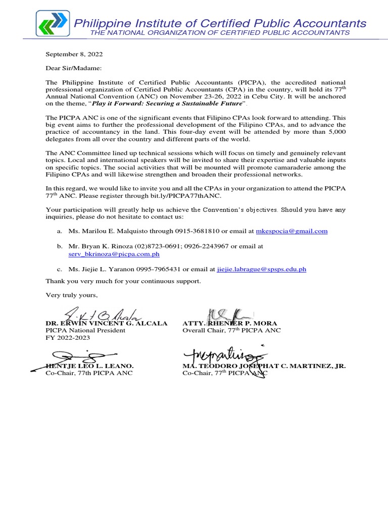 PICPA Annual National Convention Invitation Letter | PDF