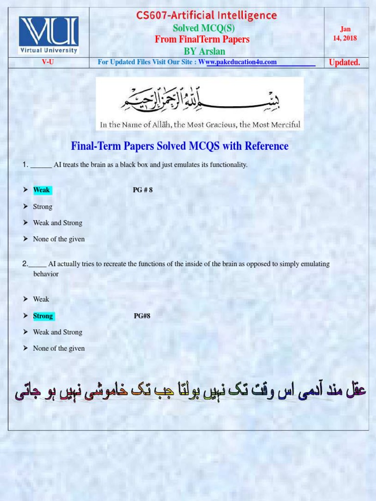 CS607 FinalTerm MCQs With Reference Solved by Arslan | PDF | Fuzzy ... CS607 FinalTerm MCQs With Reference Solved by Arslan | PDF | Fuzzy ...