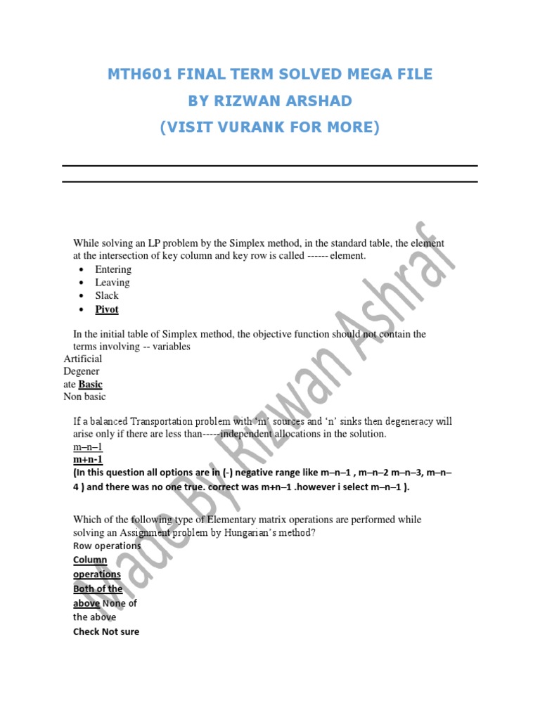 MTH601 Final Term Solved Mega File by Rizwan | Download Free PDF | Linear Programming ...