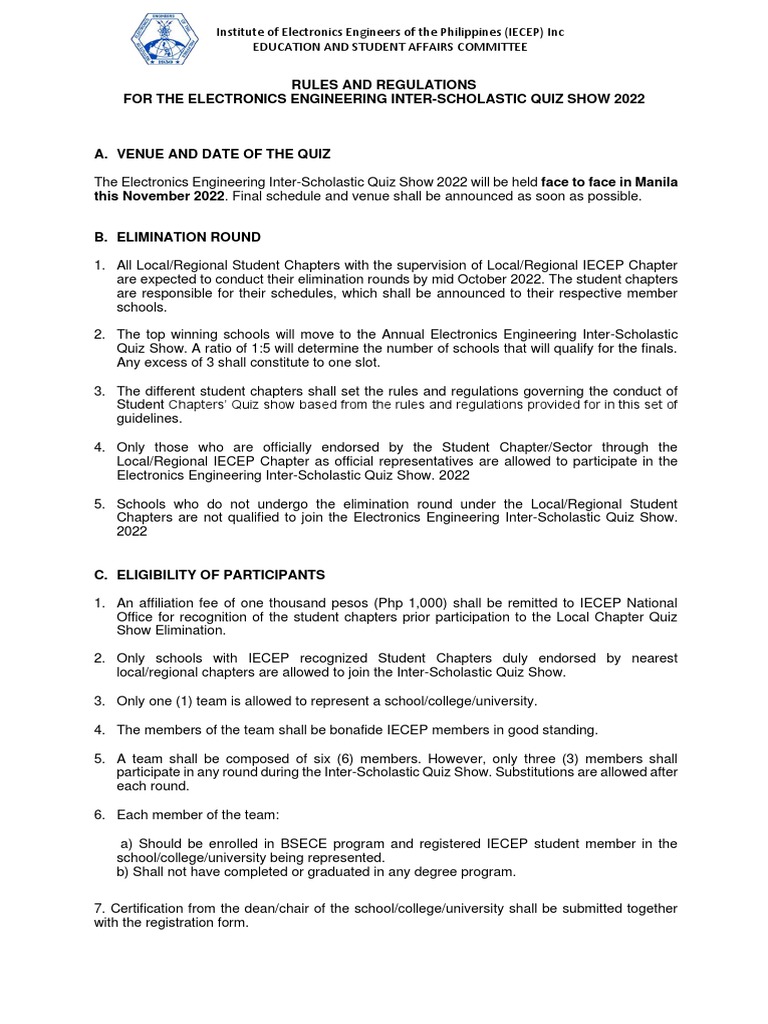 2022 IECEP Inc Interscholastic Quiz Show Guidelines 1 | PDF