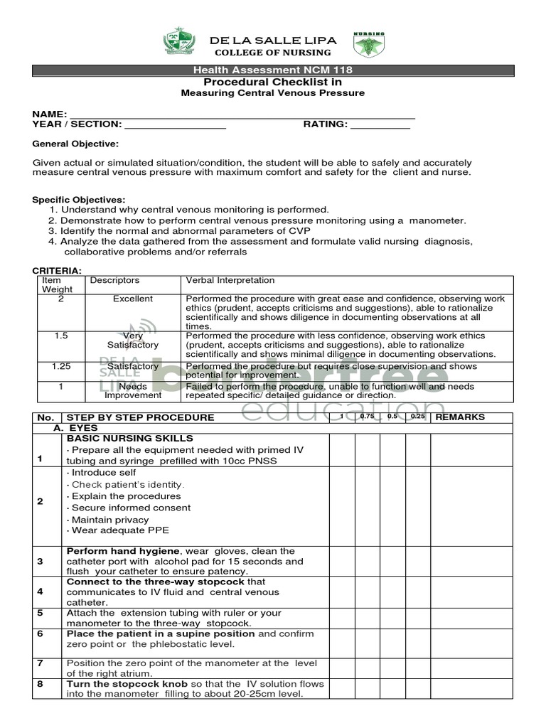 Measuring Central Venous Pressure Checklist | PDF | Intravenous Therapy ...