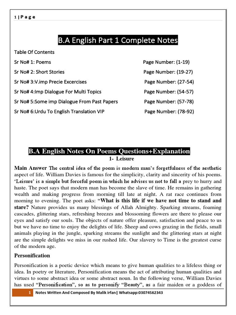 B.A English Part 1 Complete Notes Sale-Converted-1 | PDF | Beauty | Poetry