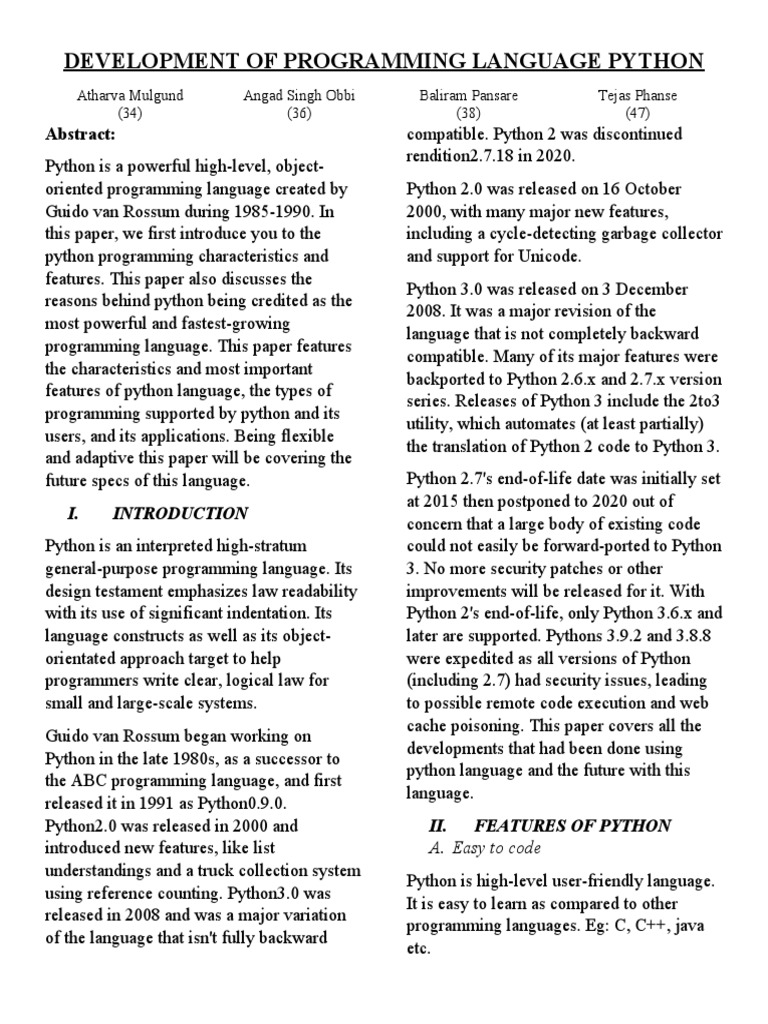 IEEE Paper (DEVELOPMENT OF PROGRAMMING LANGUAGE PYTHON) | PDF | Machine ...