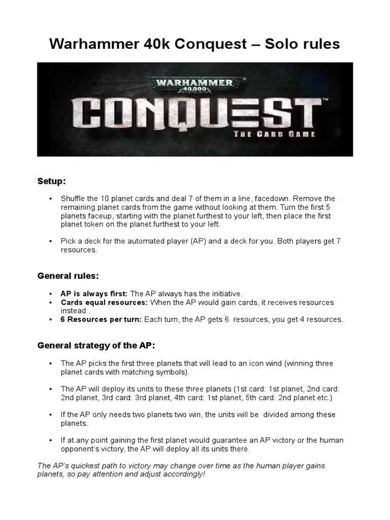 Warhammer 40k Conquest Solo Play Rules | PDF | Playing Cards | Tabletop ...