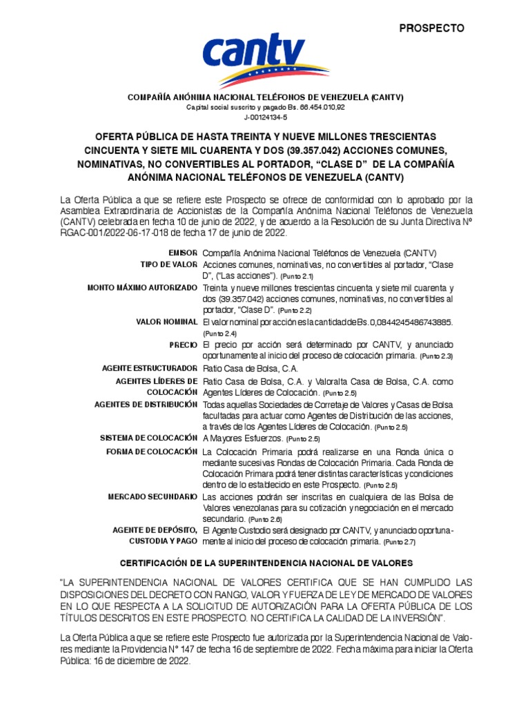 PROSPECTO CANTV OFERTA PÚBLICA ACCIONES COMUNES COMPAÑIA ANONIMA ...