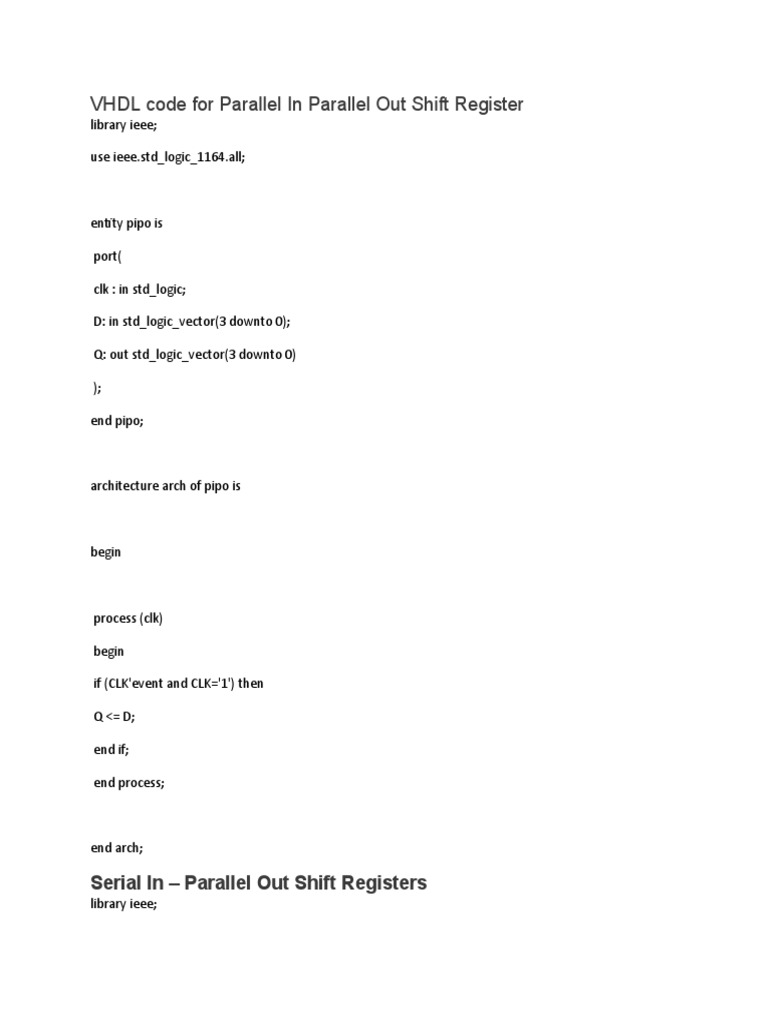 VHDL Code For Parallel in Parallel Out Shift Register | PDF
