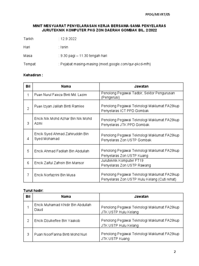 Minit Mesyuarat JTK Bil 2 2022 | PDF