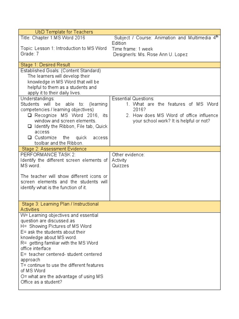 MS Word 2016 Lesson Plan for Grade 7 | PDF