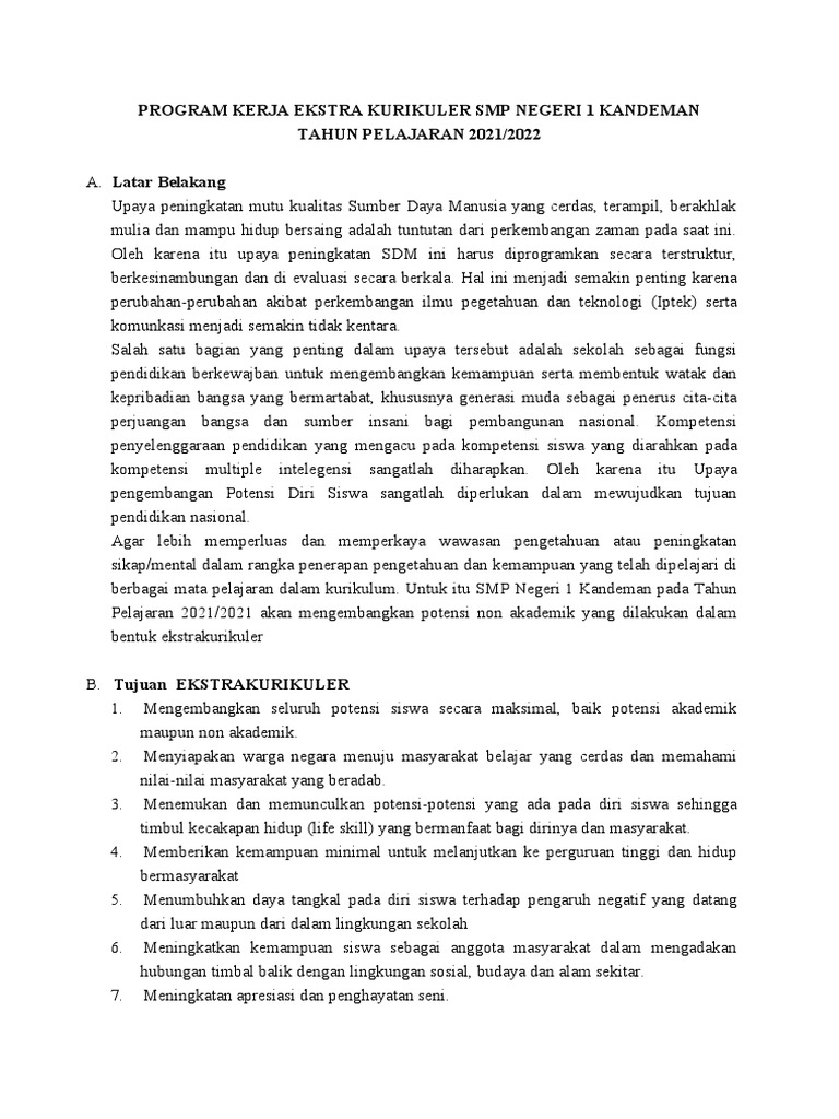 Program Kerja Ekstra Kurikuler | PDF