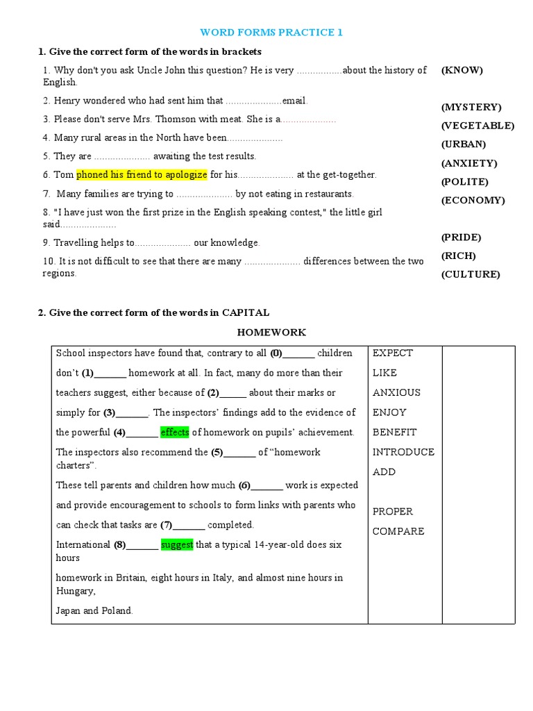Word Forms Practice 1 | PDF | Homework