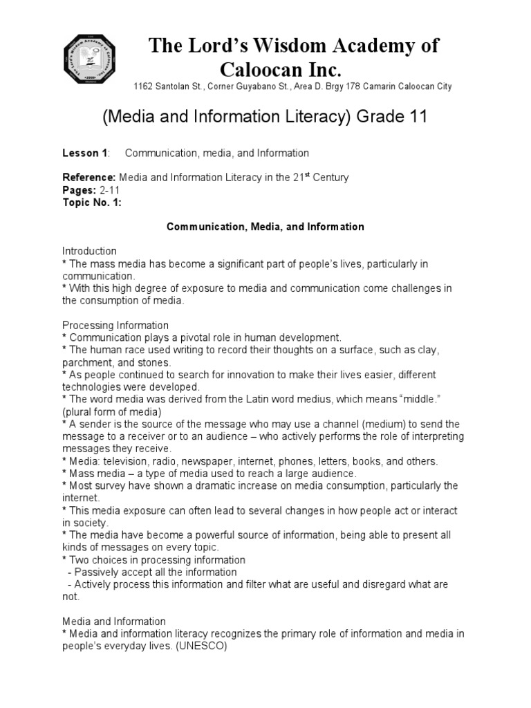 The Lord's Wisdom Academy of Caloocan Inc.: (Media and Information ...