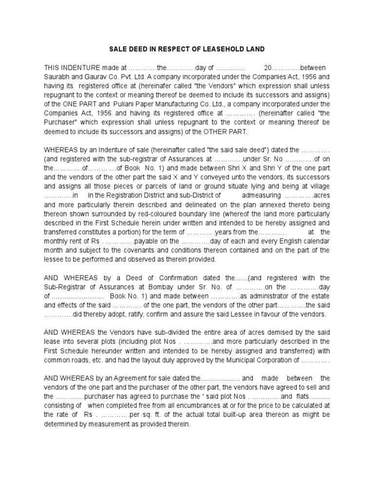 Sale Deed in Respect of Leasehold Land | PDF | Covenant (Law) | Lease