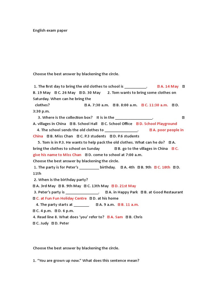 English Exam Paper Answers | PDF