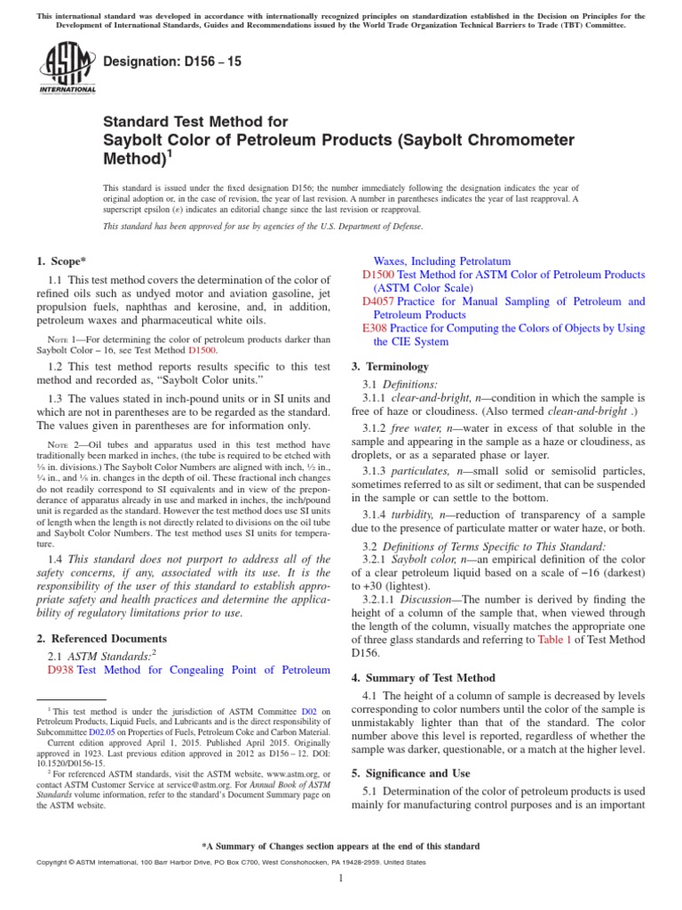 Saybolt Color of Petroleum Products (Saybolt Chromometer Method) | PDF ...