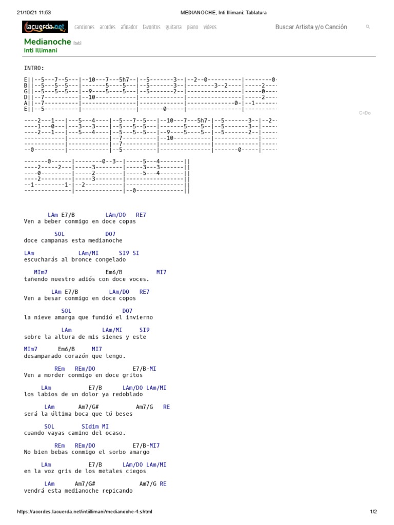 MEDIANOCHE, Inti Illimani - Tablatura | PDF | Instrumentos musicales ...